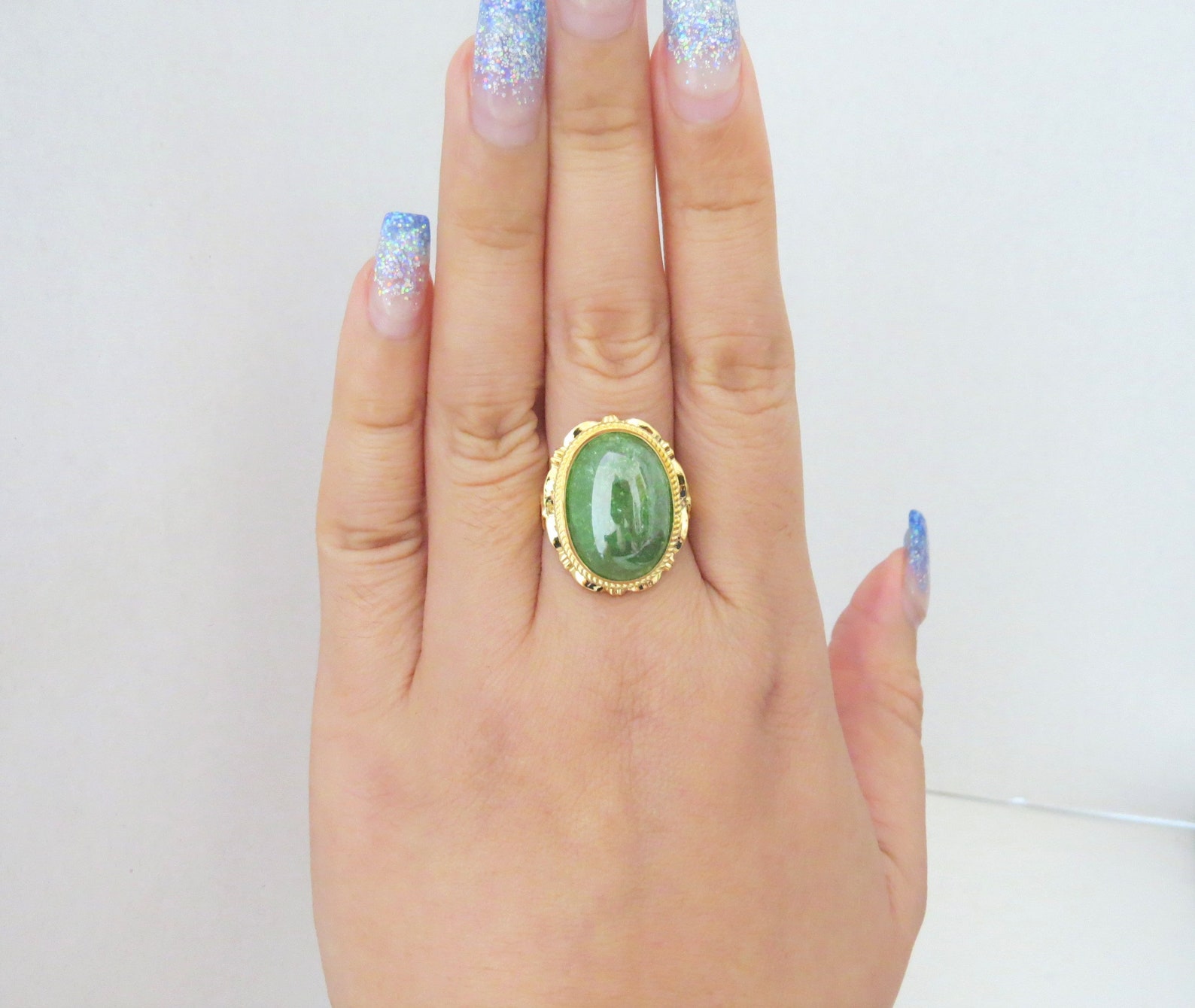 Vintage 18K Solid Yellow Gold Cabochon Green Quartz Ring Size | Etsy