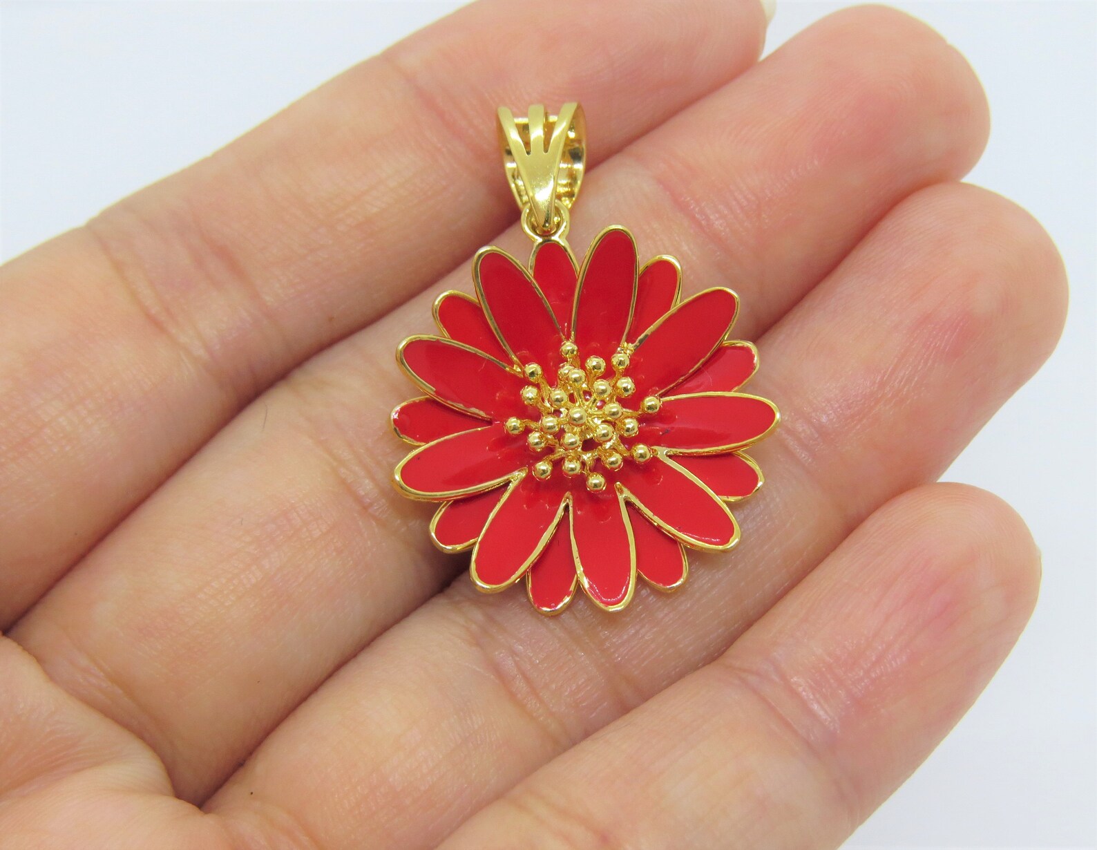 18K Solid Yellow Gold Red Enamel Floral Flower Vintage Pendant | Etsy