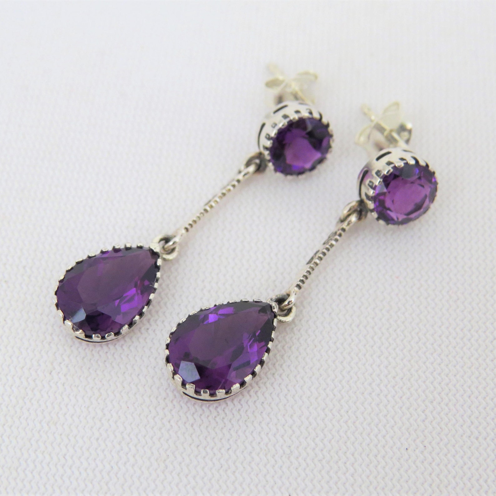Vintage Sterling Silver Round & Pear Cut Amethyst Dangle Drop Earrings ...
