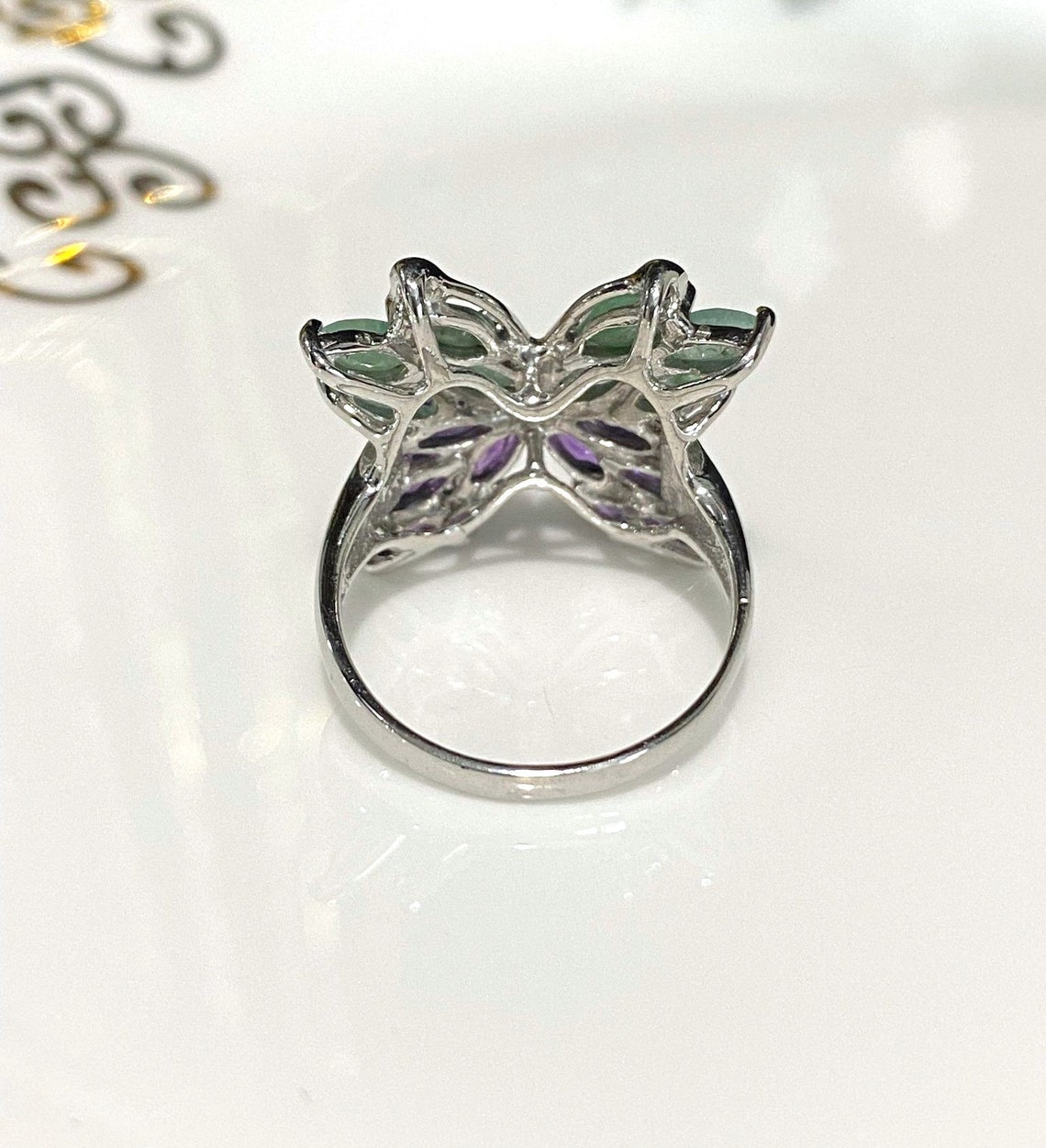 Vintage Sterling Silver Natural Emerald & Amethyst Butterfly Ring Size ...