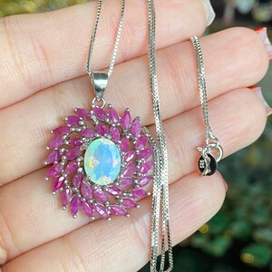 Vintage Sterling Silver Natural Fire Opal & Ruby Pendant Necklace Chain ...