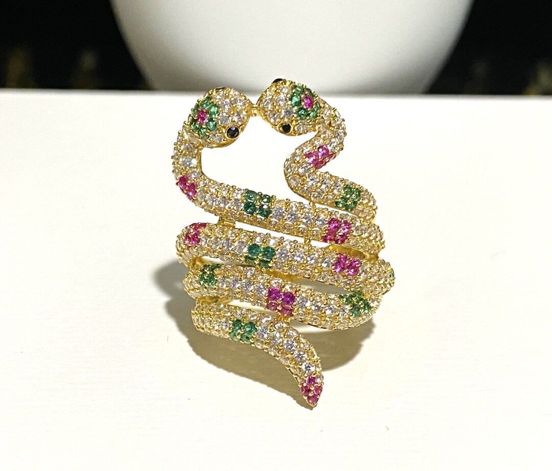 18K Solid Yellow Gold Emerald, Ruby & White Topaz Snakes Ring Size 7 - Etsy