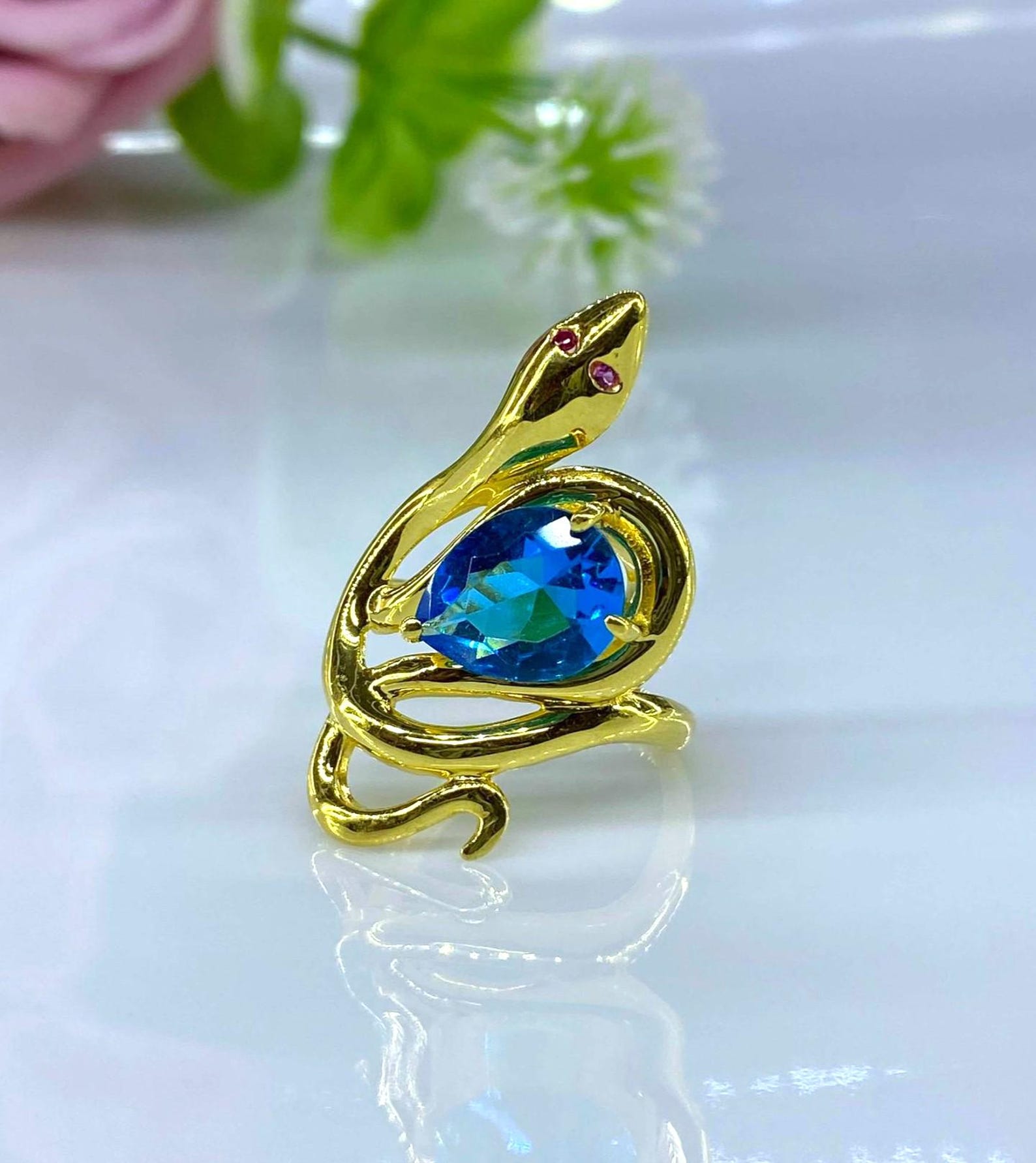 Vintage 15K Yellow Gold Snake Ring: London Blue Topaz, Ruby Eyes, Size ...