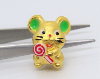 Vintage Pure 24K 9999 Gold Enamel Mouse Rat Charm Bead Pendant Make for ...