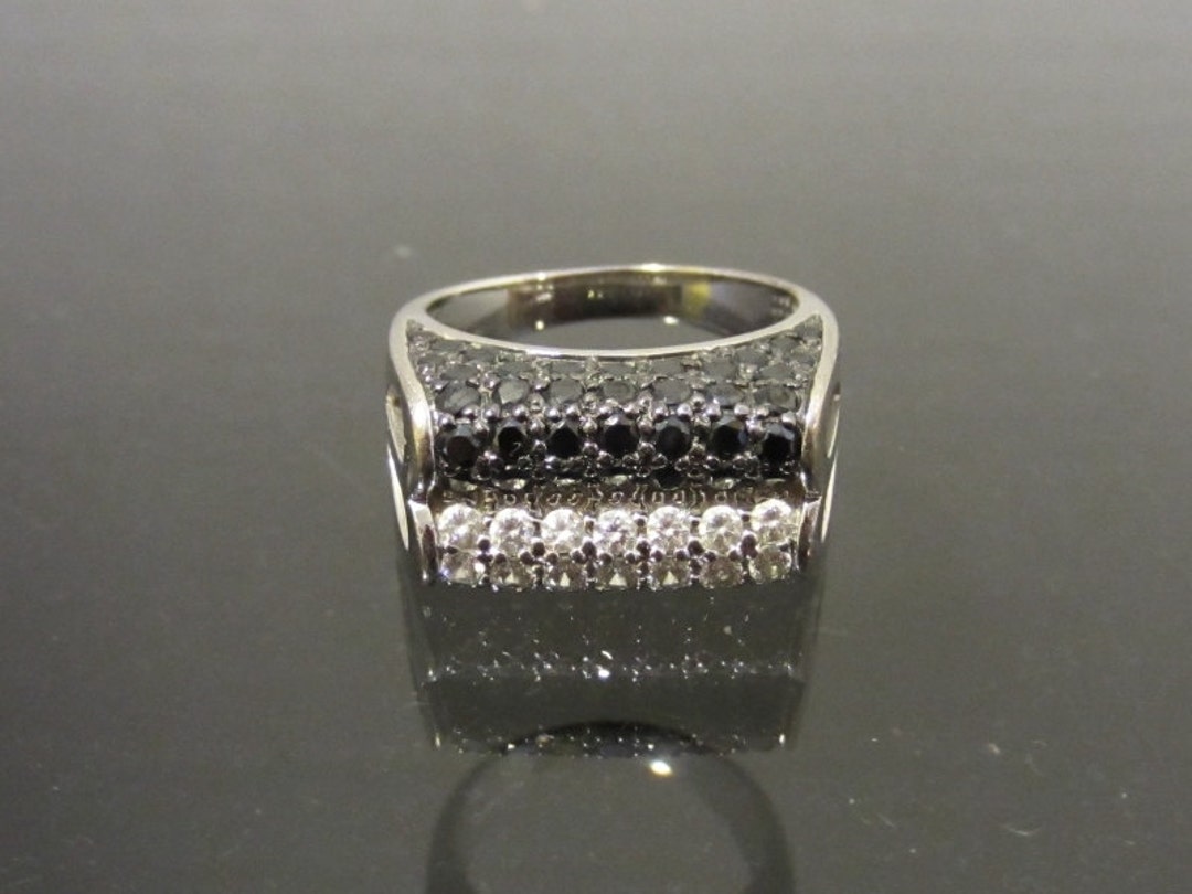 Vintage Modernist Sterling Silver Two Row Black Sapphire & CZ High Dome ...