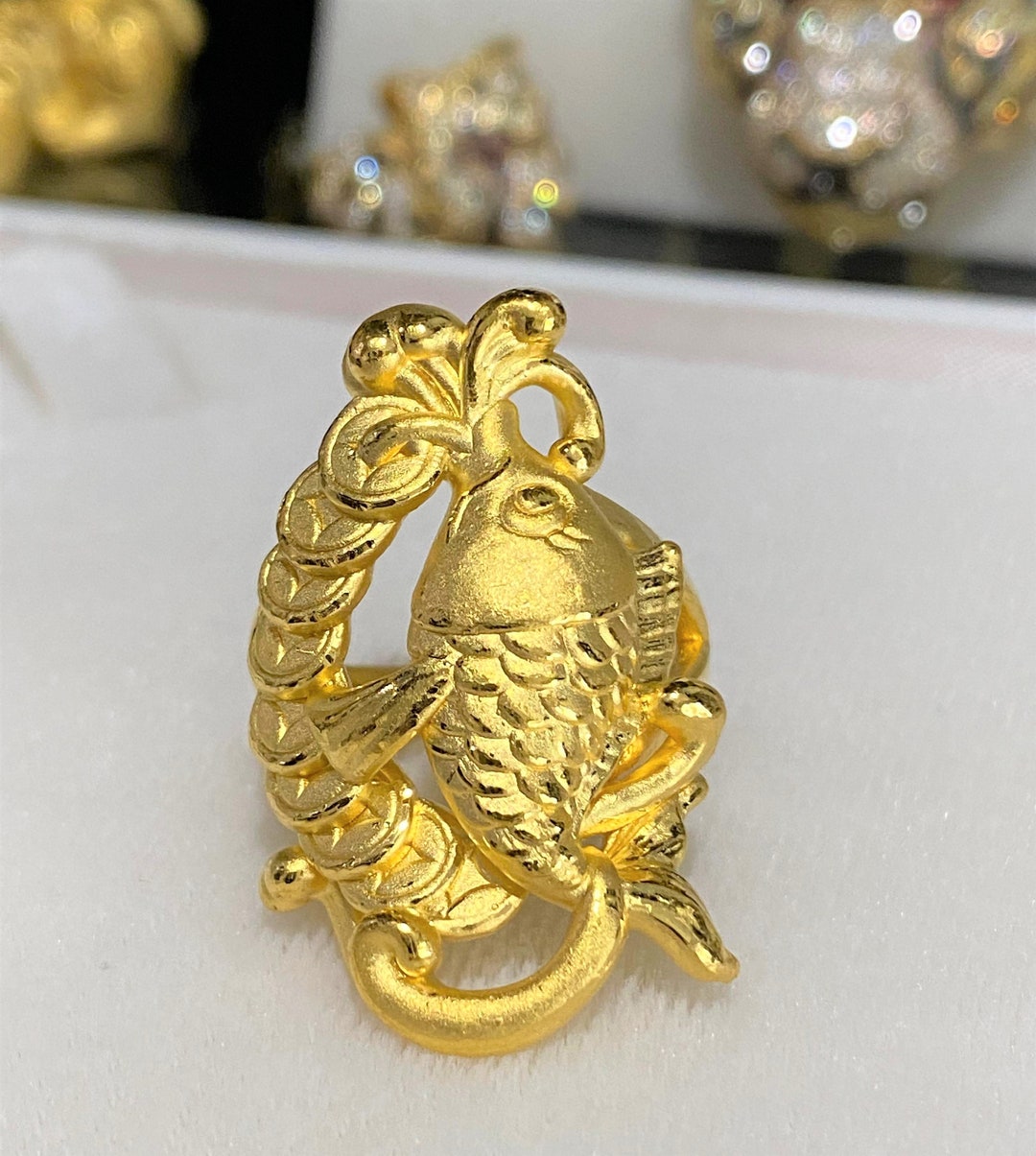 24K 999 Pure Gold 3D Fish Goldfish Money Coin Luck Vintage Ring Size 7. ...
