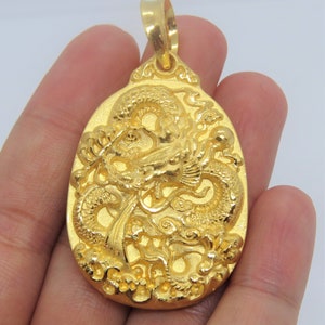 999 24k Yellow Gold 3D Dragon Vintage Oval Pendant - Etsy