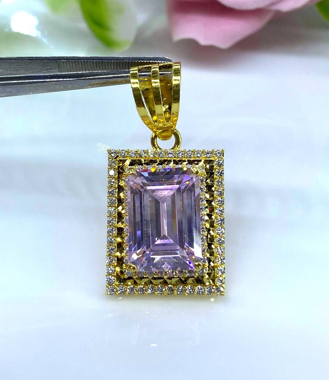 Vintage 15K 610 Solid Gold Pink Sapphire & White Topaz Rectangular ...