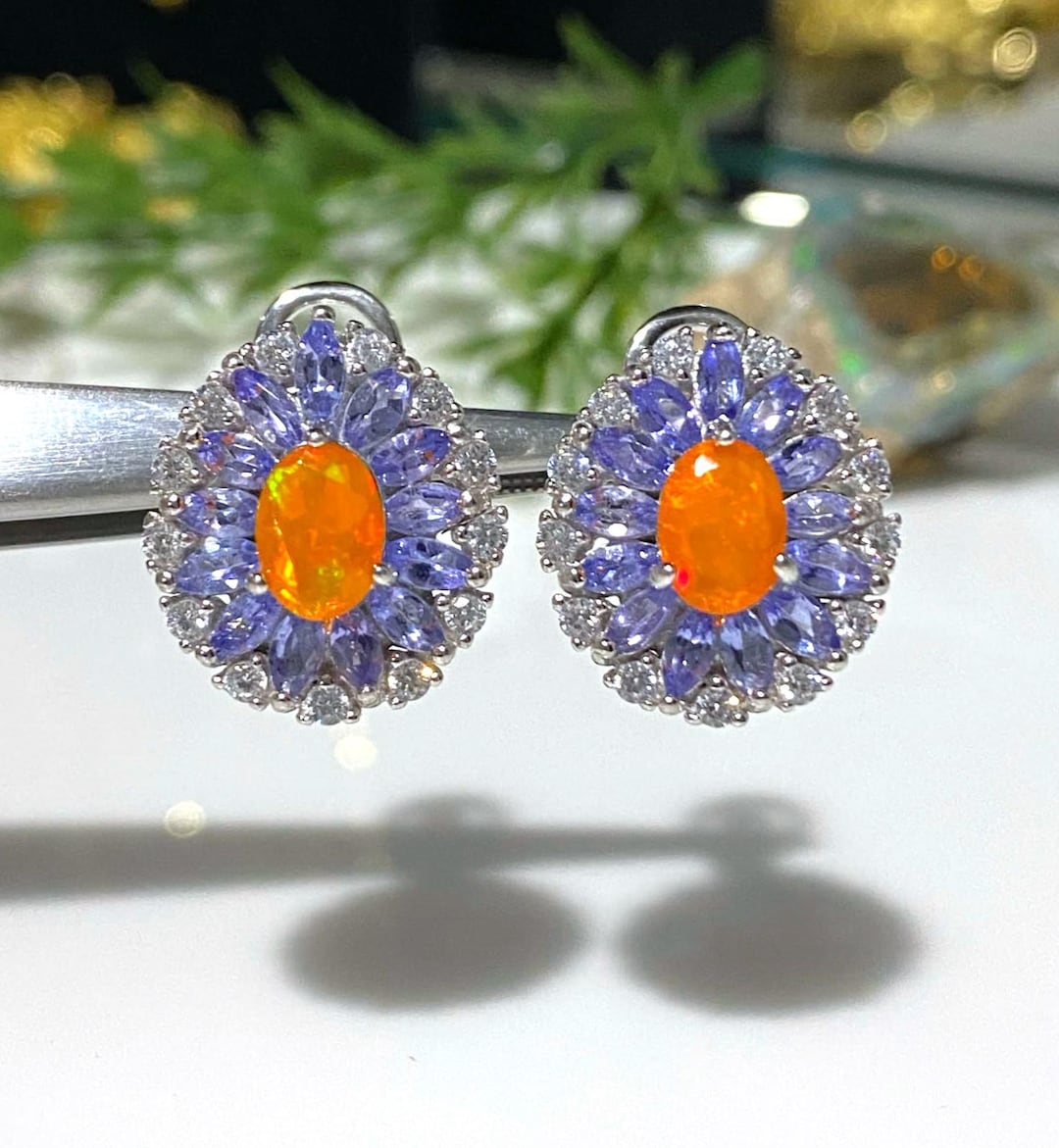 Vintage Sterling Silver Natural Orange Fire Opal & Tanzanite, White ...
