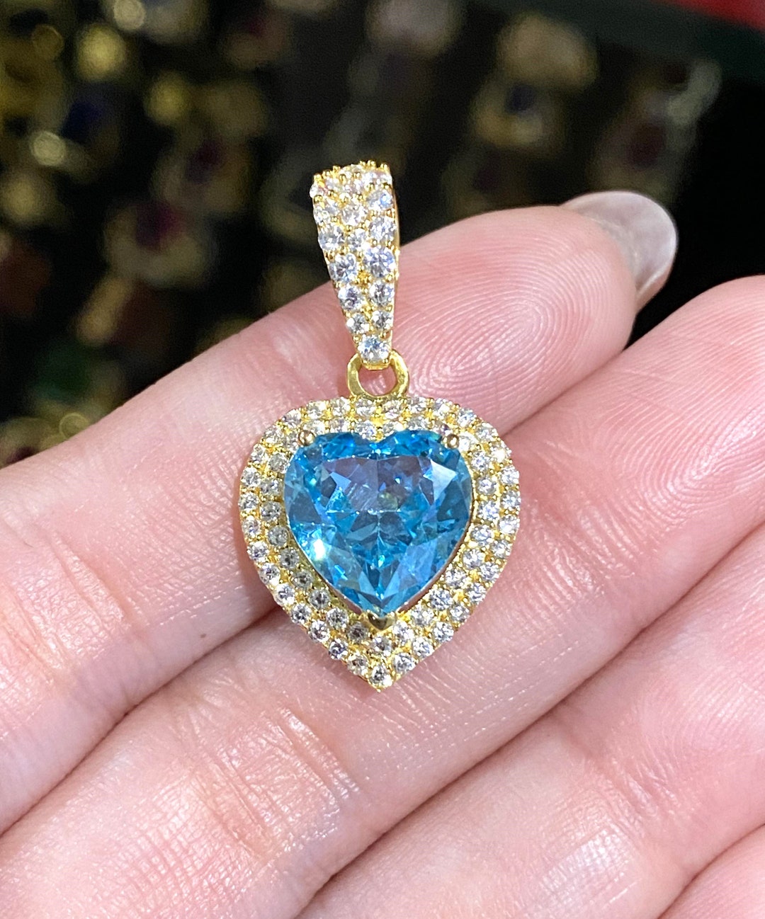 Vintage 15K 610 Solid Gold London Blue Topaz & White Topaz Heart ...