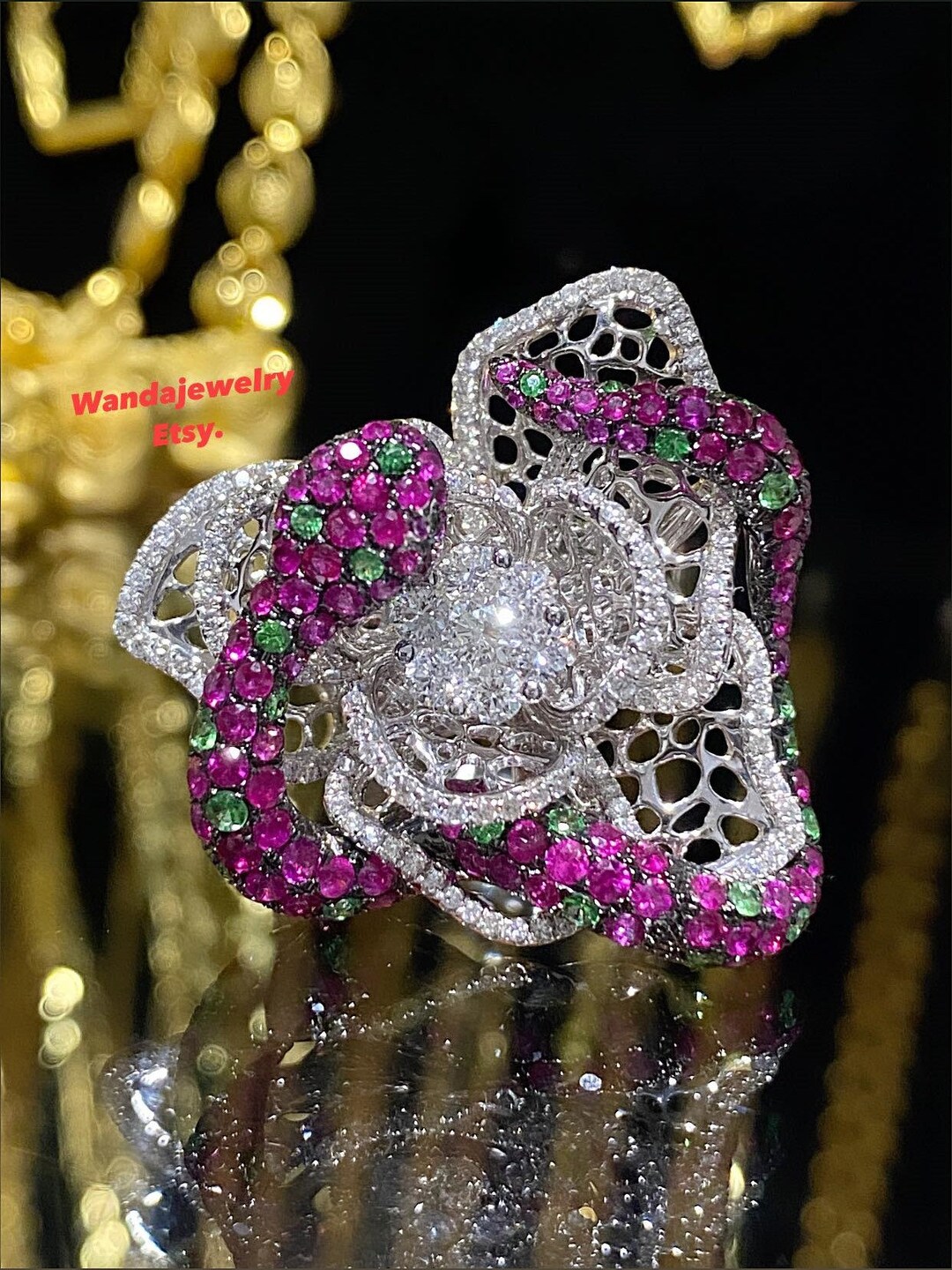 Vintage 18K White Gold 2.16ct Diamond, Emerald & Ruby Snake Rose Flower ...