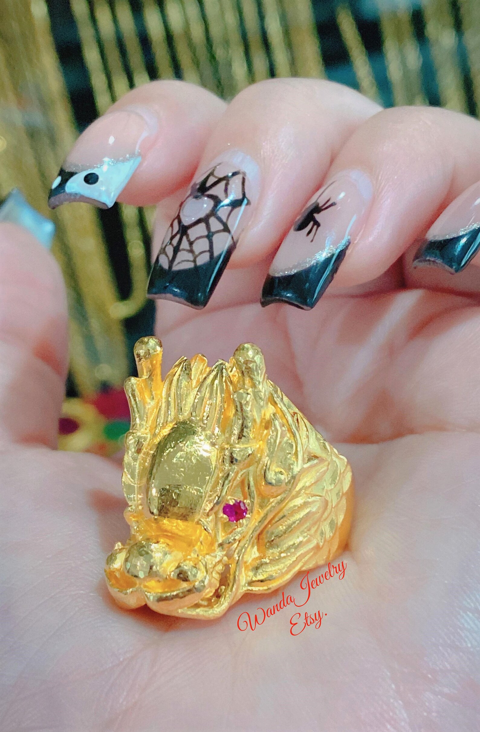 Vintage 24K Solid Pure Gold Ruby Emerald Dragon Head Heavy - Etsy