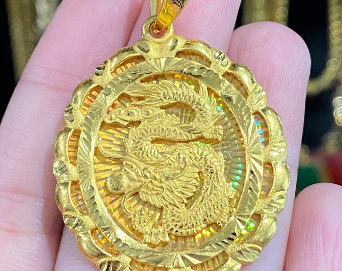 Vintage 24K 980 Solid Pure Gold Diamond Cut Dragon Oval Pendant. - Etsy