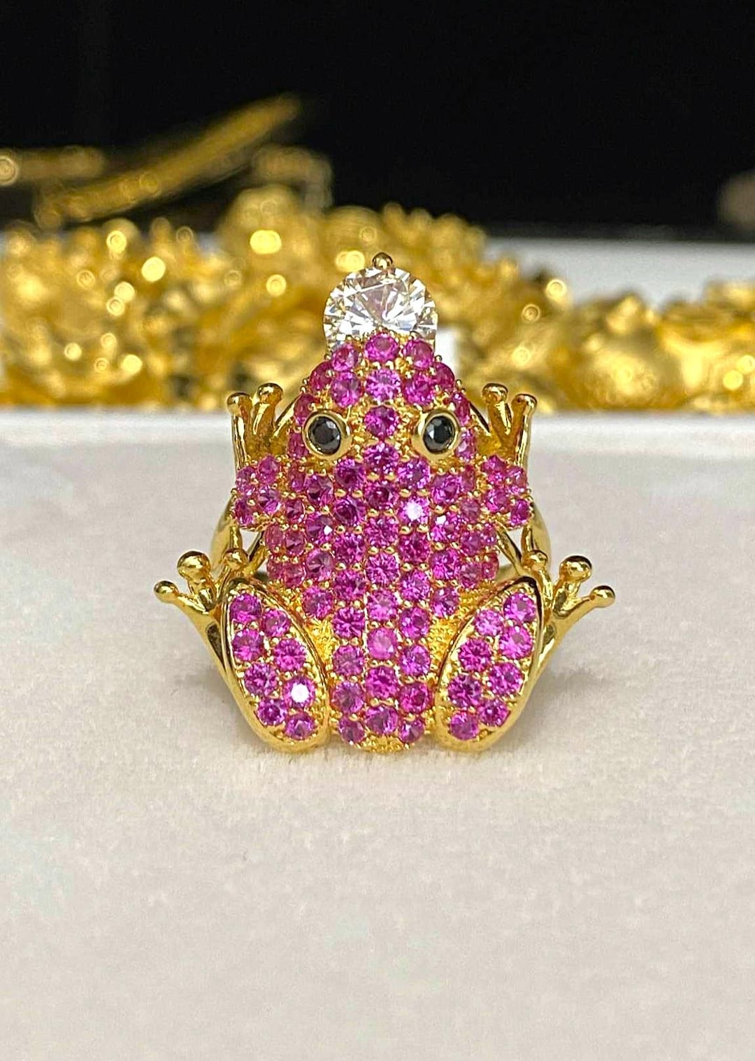Vintage 15K Gold Frog Ring: Ruby, White Topaz & Black Sapphire Eyes ...