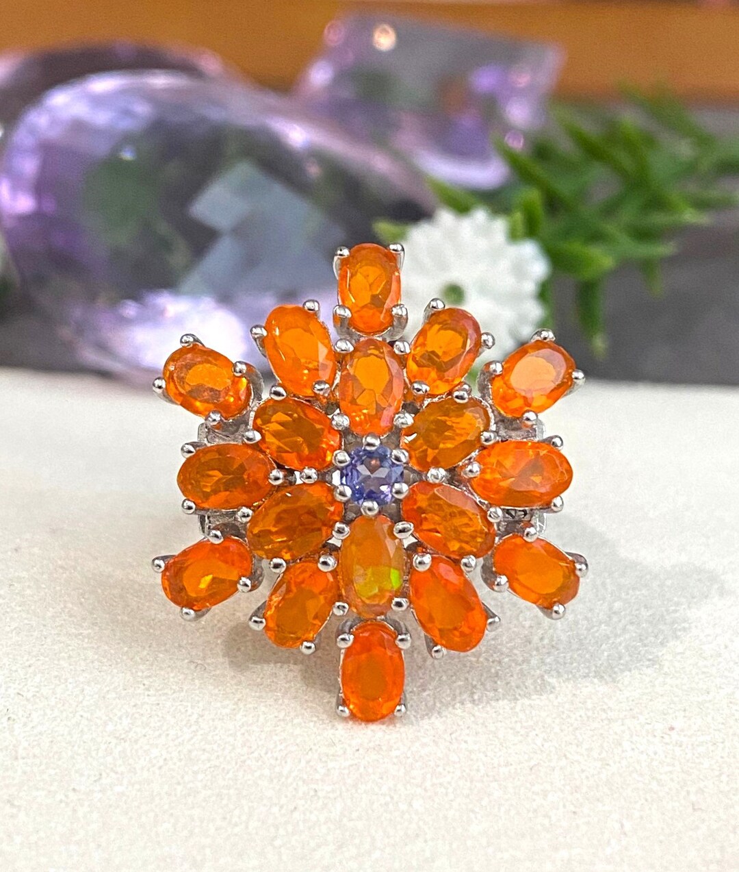 Sterling Silver Natural Orange Fire Opal, Tanzanite Vintage Ring Size 8 ...