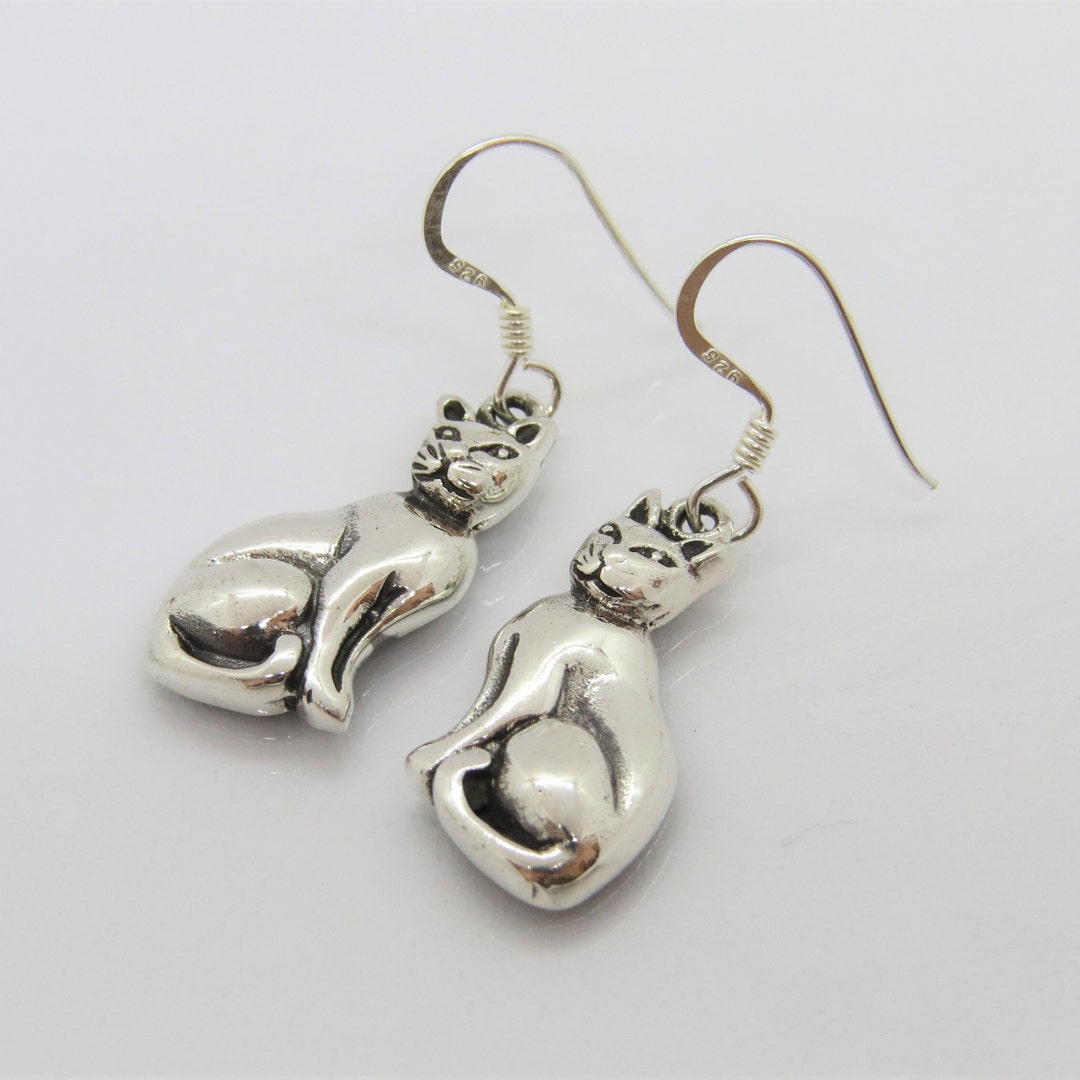 Sterling Silver Cat Dangle Drop Earrings - Etsy