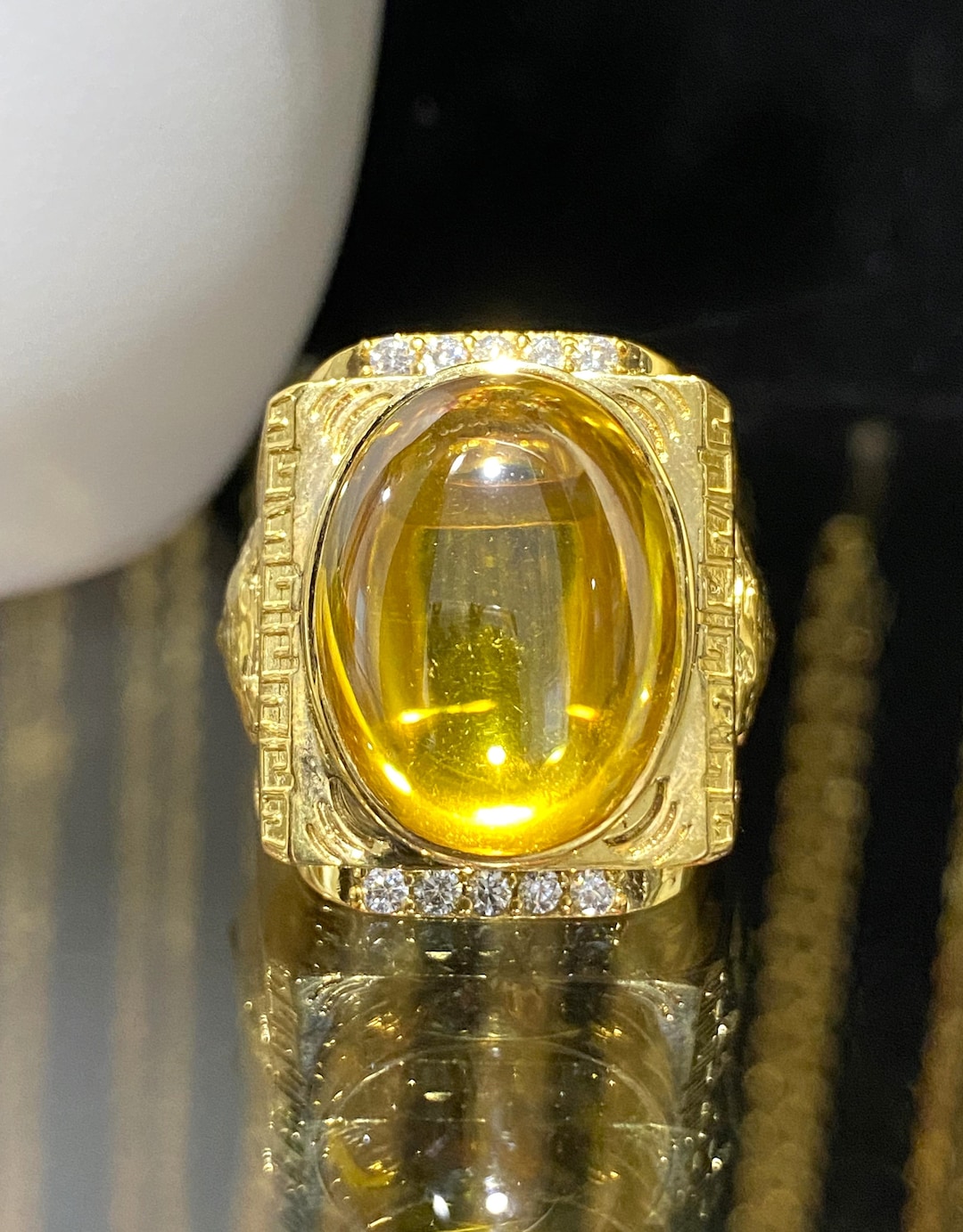 Vintage 15K 610 Yellow Gold Citrine Cabochon & White Topaz Tiger Ring ...