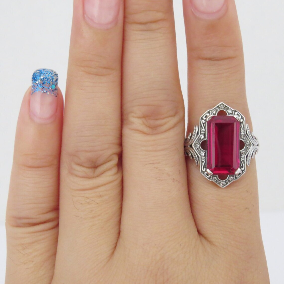 Vintage Sterling Silver White Topaz & Ruby Ring Size 8 - Etsy