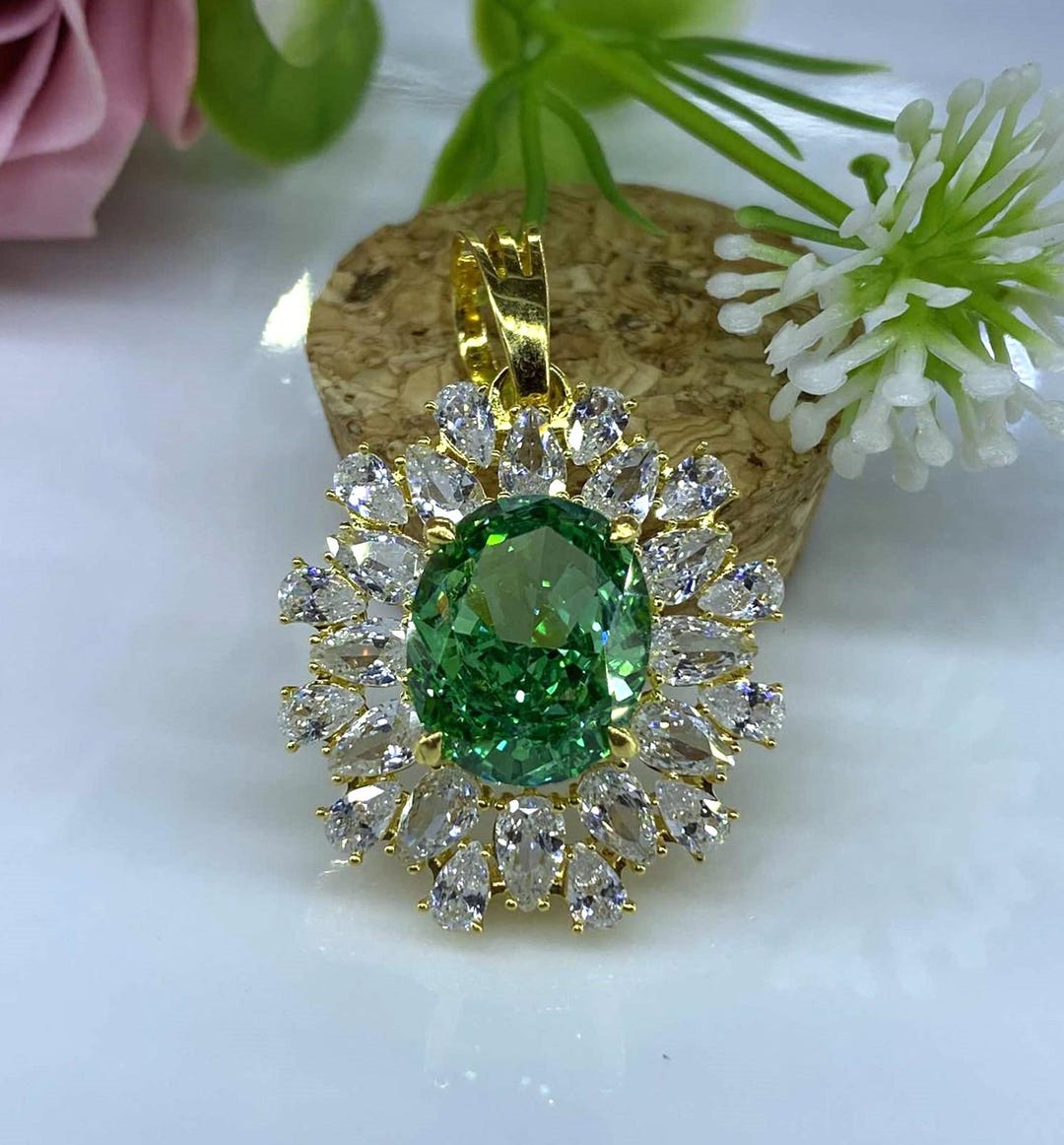 Vintage 15K 610 Solid Gold Oval Cut Green Tourmaline & White Topaz ...