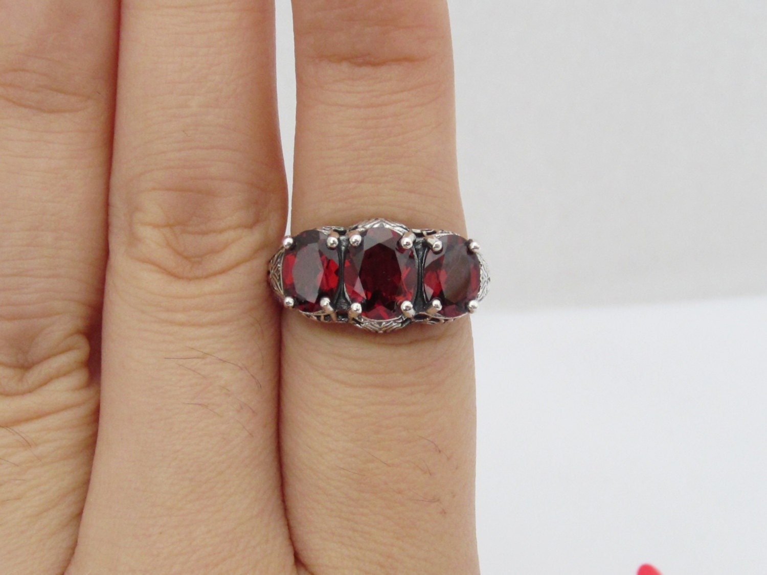 Vintage Sterling Silver Natural Garnet Three Stone Ring Size 8 | Etsy