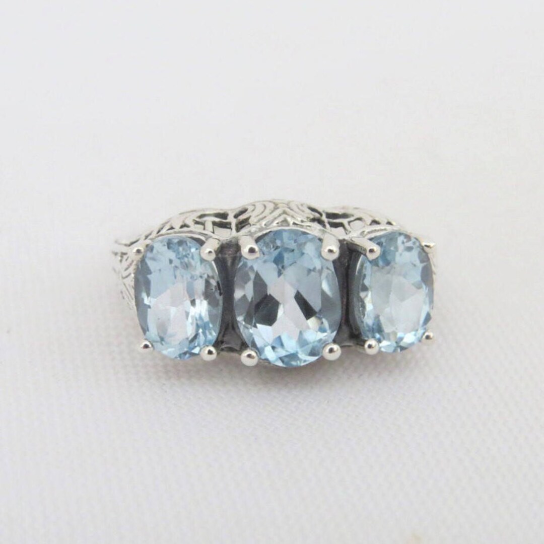 Vintage Sterling Silver Oval Aquamarine Three Stone Ring Size 8 - Etsy