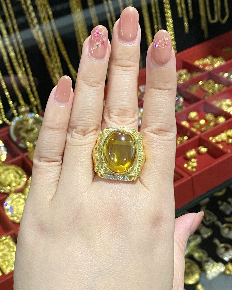 Vintage 15K 610 Yellow Gold Citrine Cabochon & White Topaz Tiger Ring ...