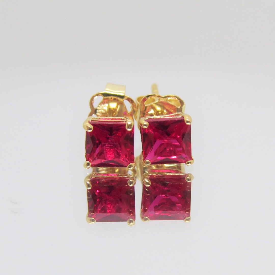 14K Solid Yellow Gold Princess Cut Ruby Earrings 4MM - Etsy