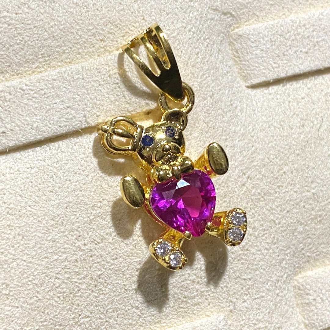 Vintage 18K Solid Yellow Gold Teddy Bear White Topaz, Ruby & Blue ...
