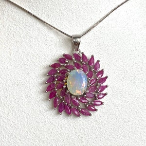 Vintage Sterling Silver Natural Fire Opal & Ruby Pendant Necklace Chain ...