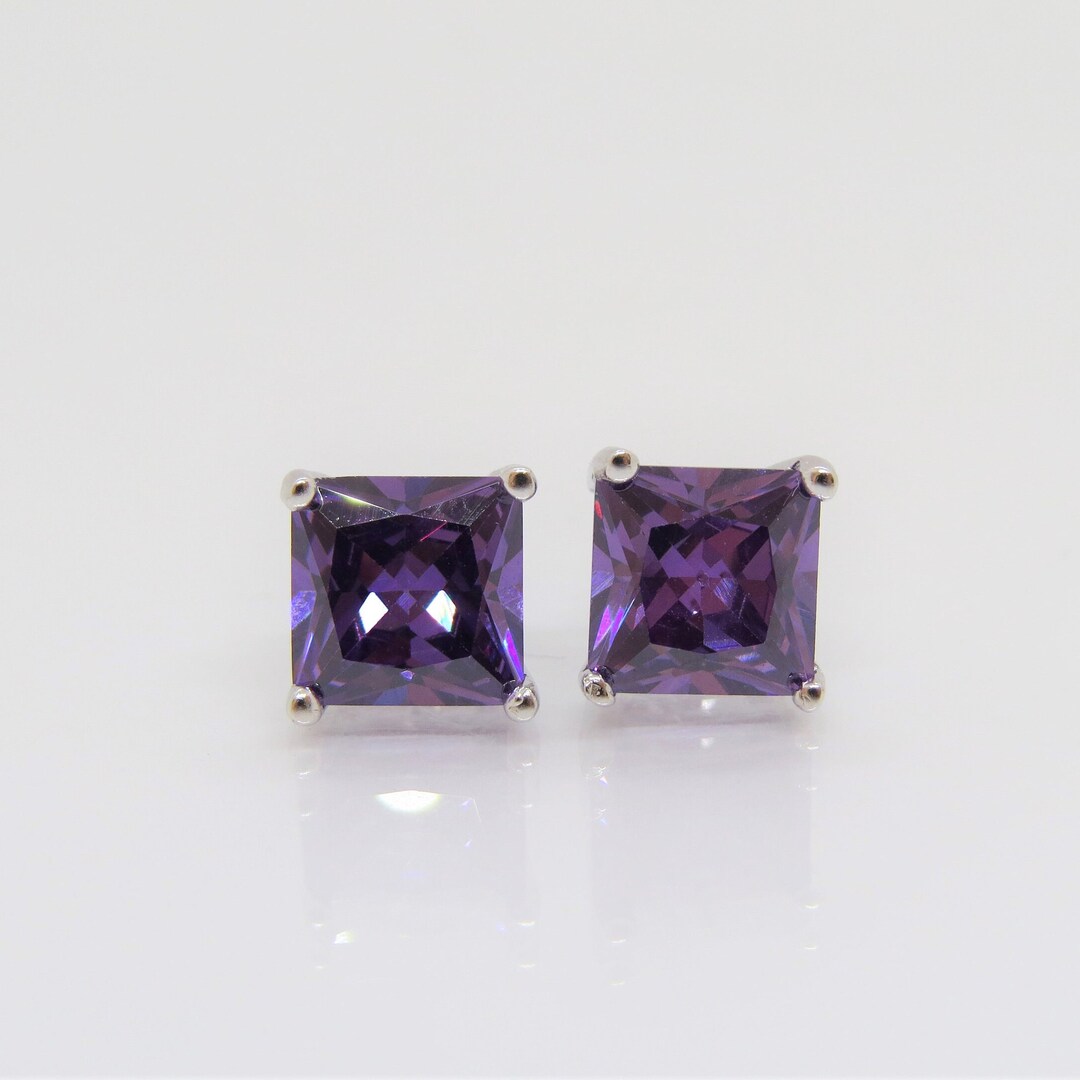 Sterling Silver Square Cut Amethyst Stud Earrings 8MM - Etsy