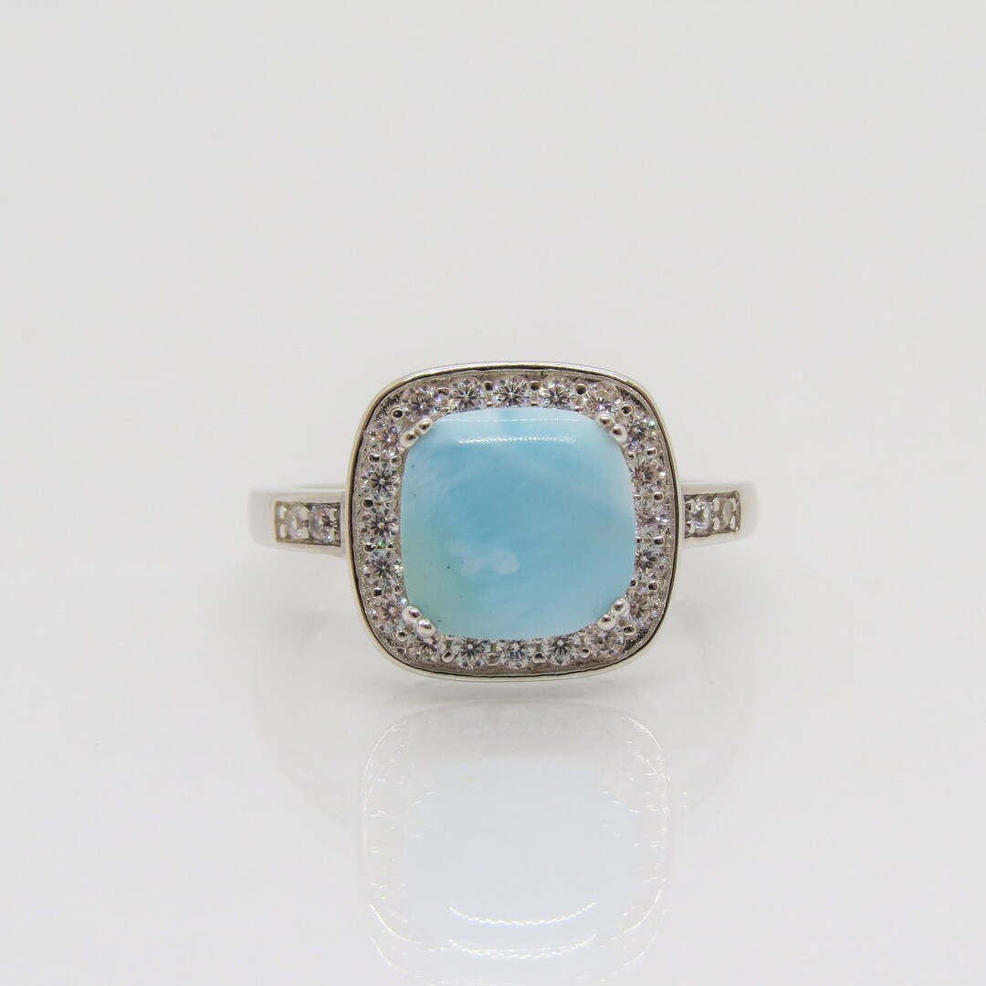 Sterling Silver Natural Larimar & White Topaz Engagement Ring Size 8 - Etsy