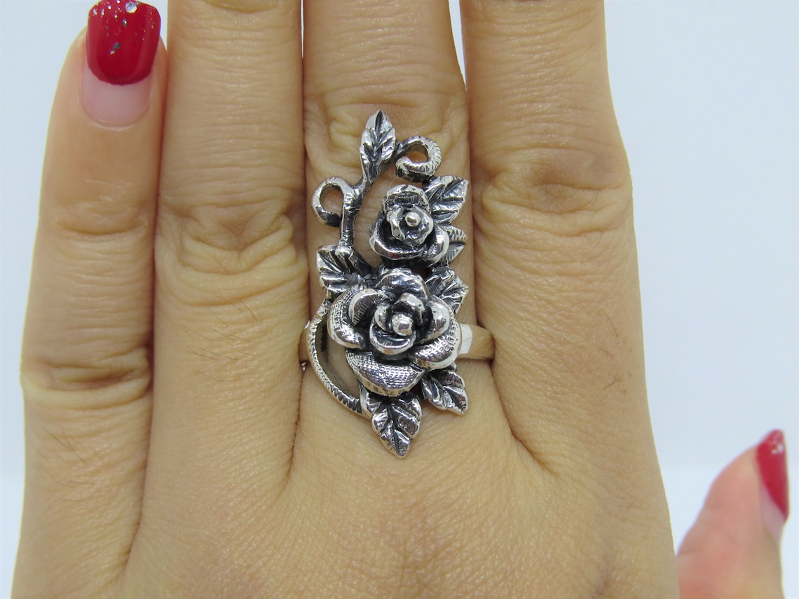 Vintage Sterling Silver Roses Flower Long Ring Size 7 - Etsy