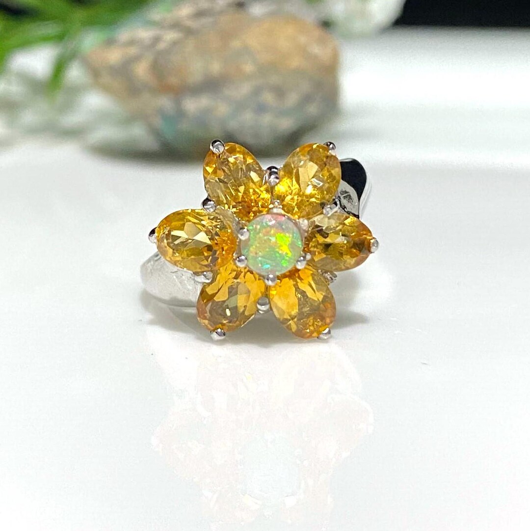 Vintage Sterling Silver Natural Citrine & Fire Opal Flower Ring Size 7 ...