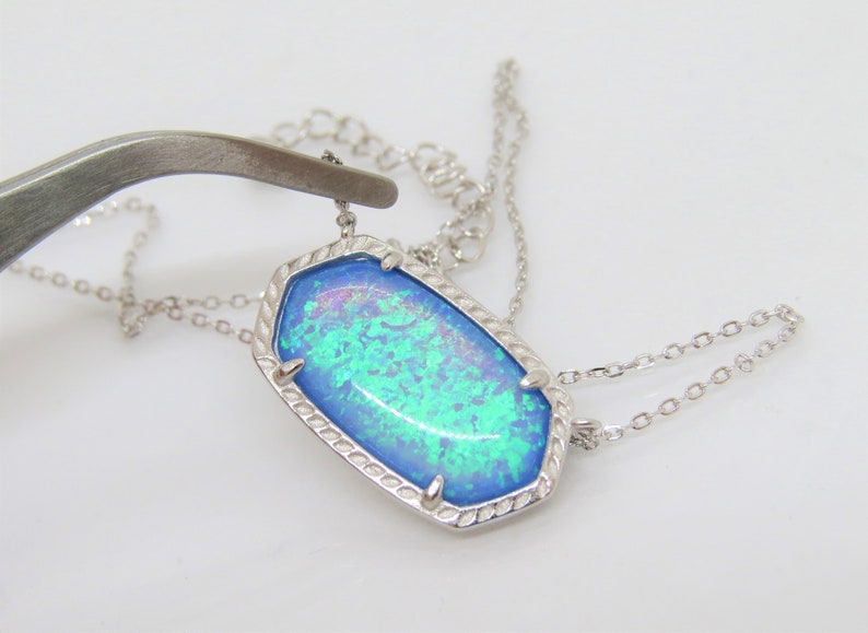 Vintage Sterling Silver Blue Opal Coffing Pendant Necklace Chain 17 ...