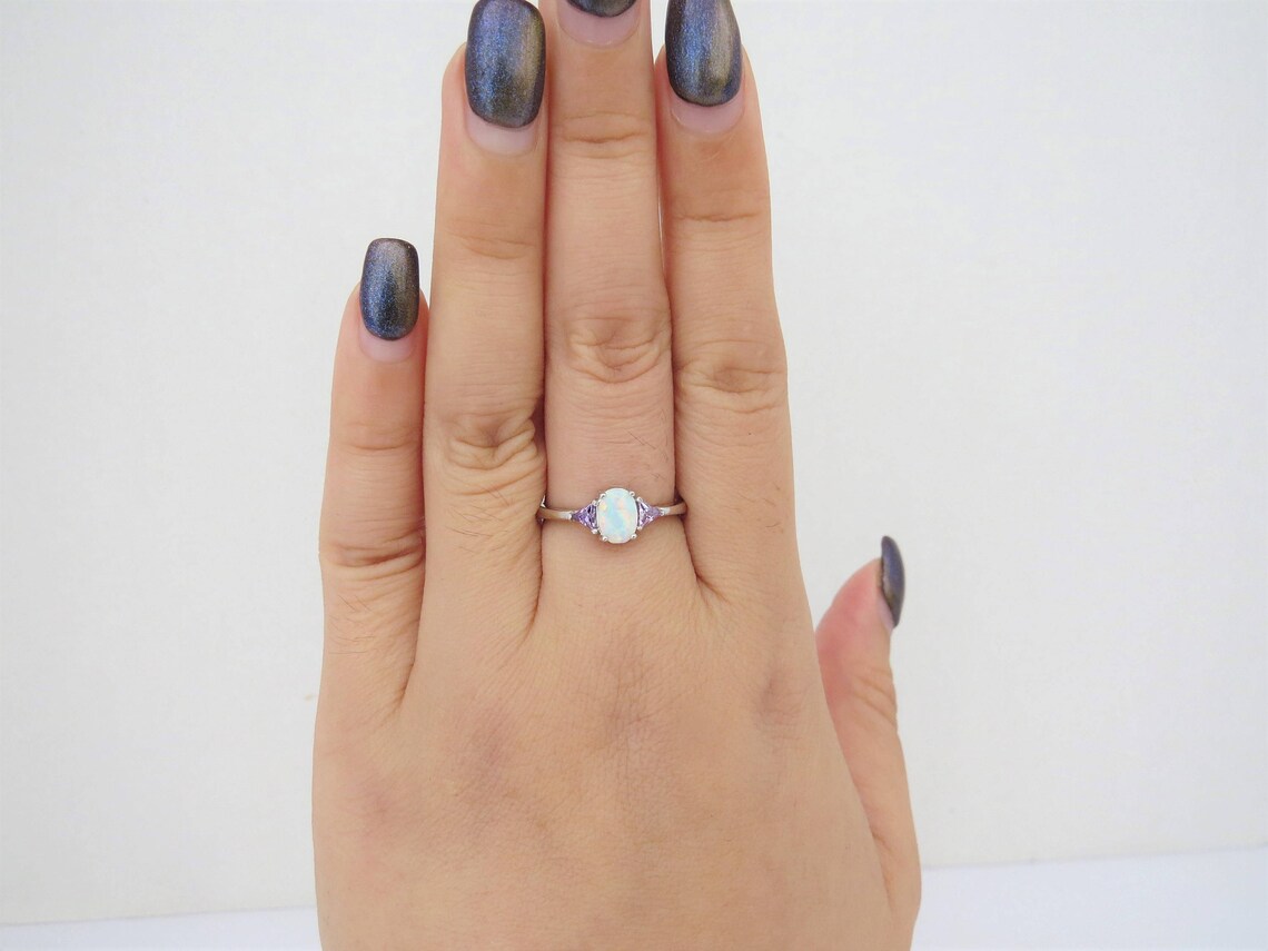 Sterling Silver White Opal & Triangle Amethyst Vintage Ring - Etsy