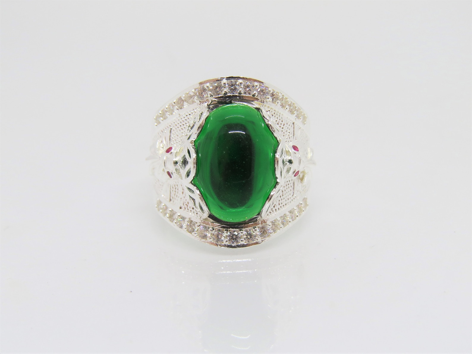 Vintage Sterling Silver Emerald Cabochon Fish, Money Coin Ring Size 10 ...