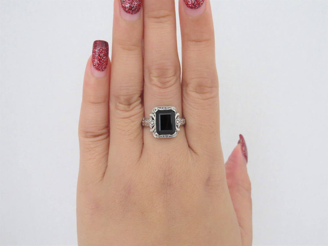 Vintage Sterling Silver Natural Black Onyx Carved Ring Size 6 | Etsy