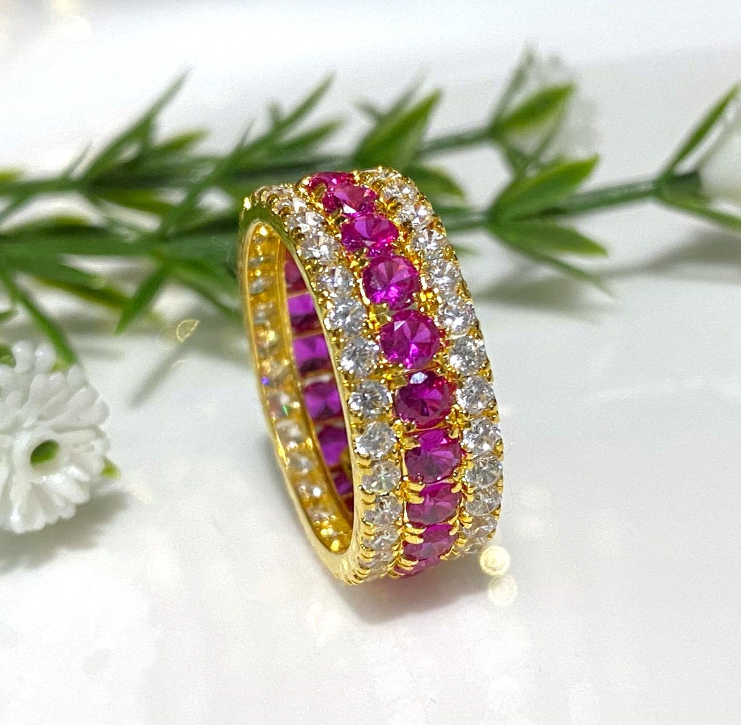 Vintage 15K 610 Solid Yellow Gold Ruby & White Topaz Band Ring Size 8 ...