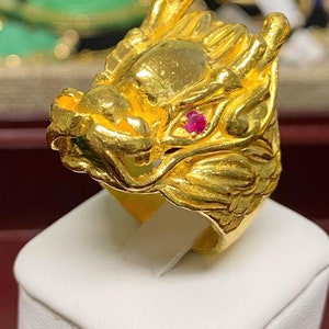 Vintage 24K Solid Pure Gold Ruby, Emerald Dragon Head Heavy Gold Ring ...