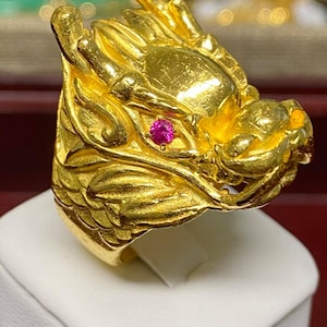 Vintage 24K Solid Pure Gold Ruby, Emerald Dragon Head Heavy Gold Ring ...