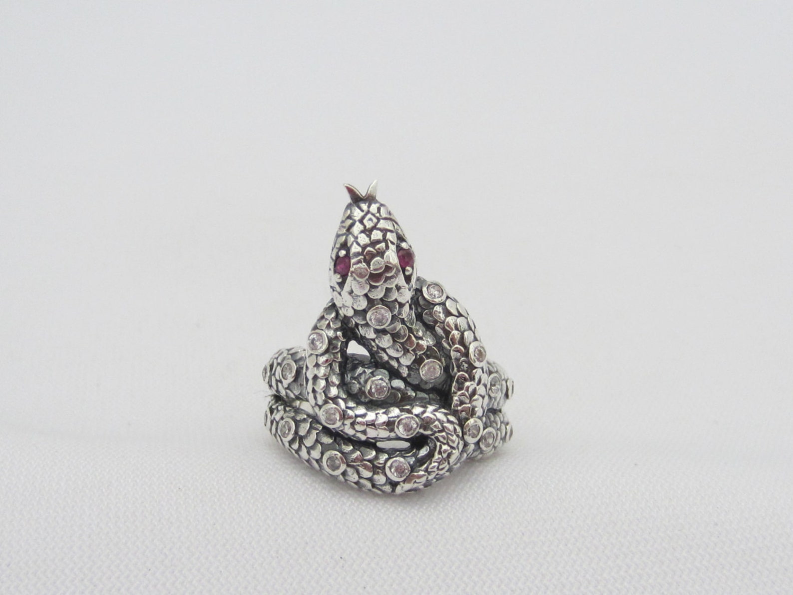 Vintage Sterling Silver White Topaz & Ruby Eyes Snake Ring - Etsy