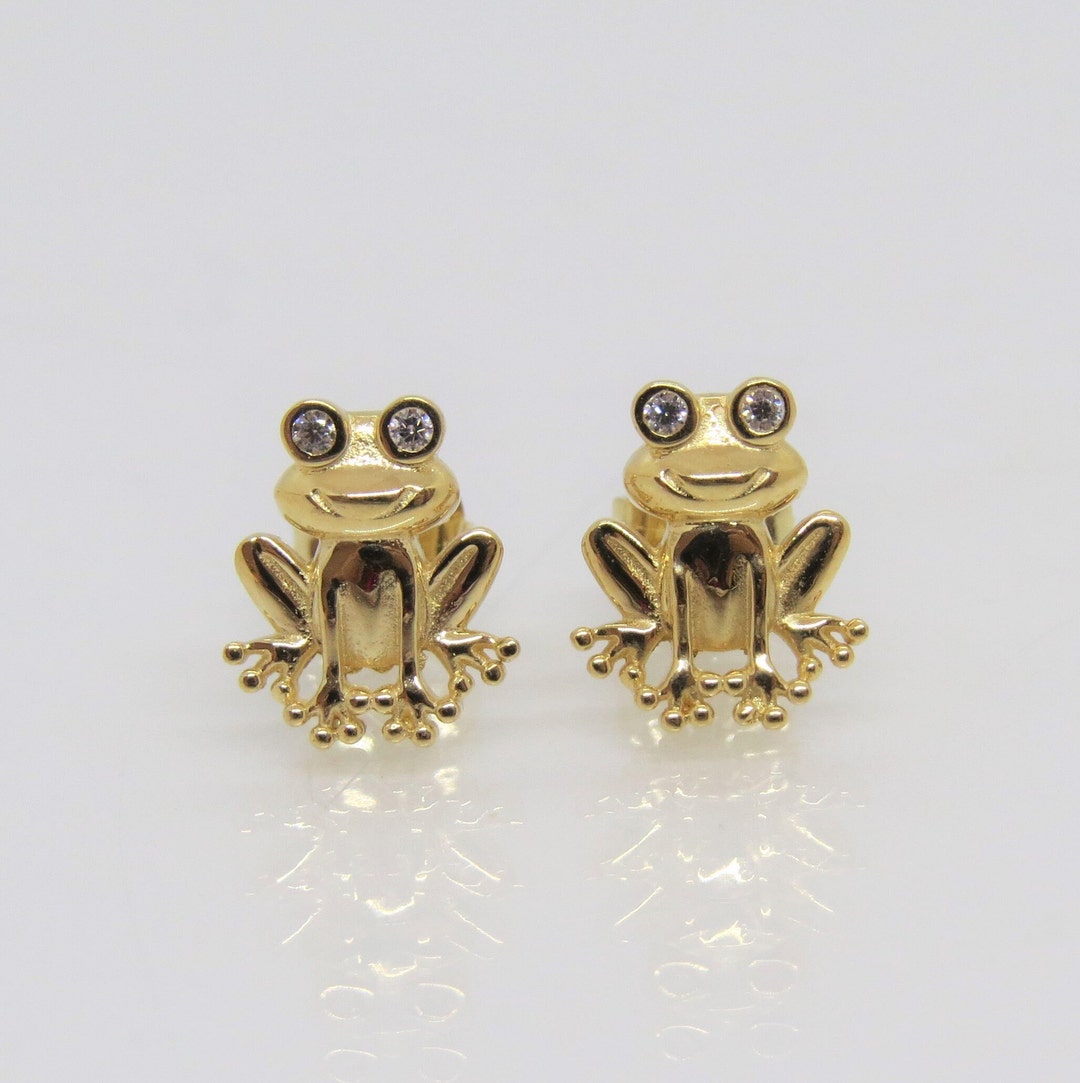 14K Solid Yellow Gold White Topaz Frog Earrings - Etsy