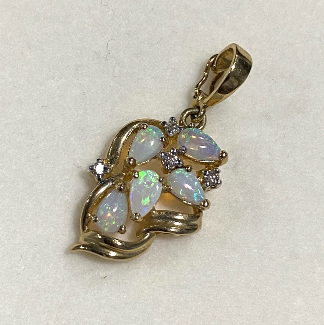 Vintage 14K Solid Yellow Gold Natural White Opal & Diamond Pendant. - Etsy