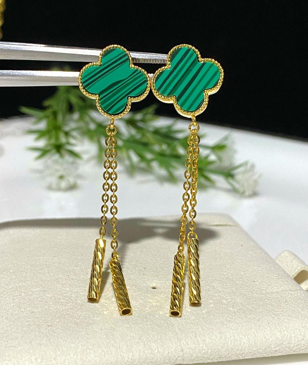 Vintage 15K 610 Solid Yellow Gold Malachite Lucky Clover Leaf Dangle ...