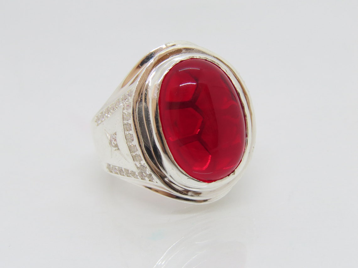 Vintage Sterling Silver Ruby Cabochon & White Topaz Men's Ring Size 10. ...