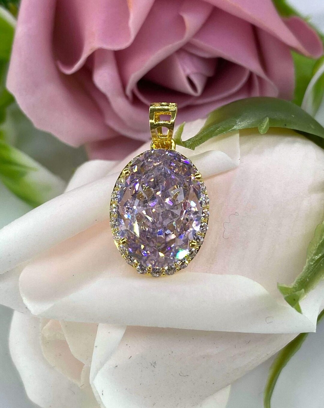 Vintage 15K 610 Solid Gold Oval Cut Light Pink Sapphire & White Topaz ...