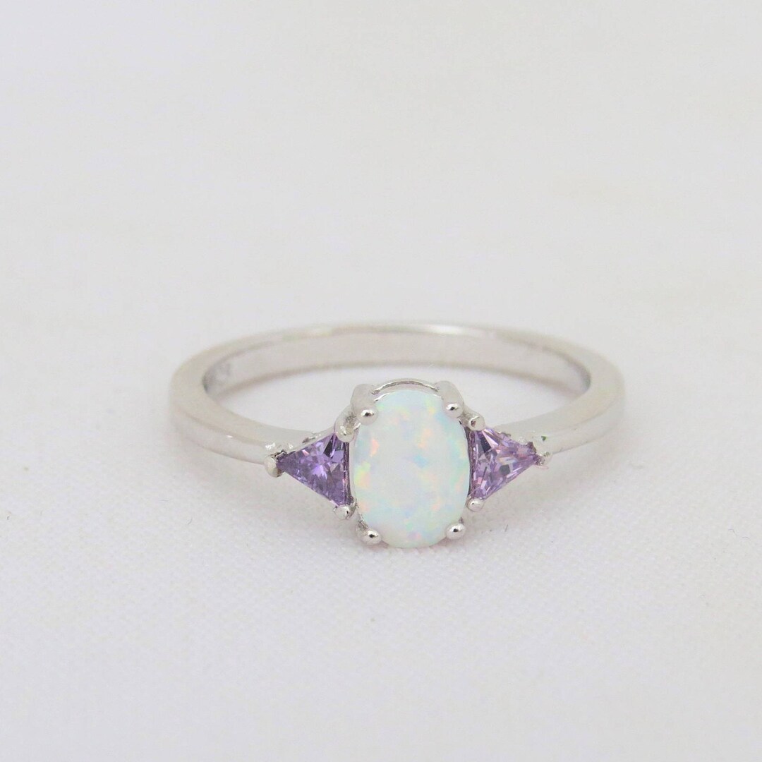 Vintage Sterling Silver White Opal & Triangle Amethyst Ring Size 7 - Etsy