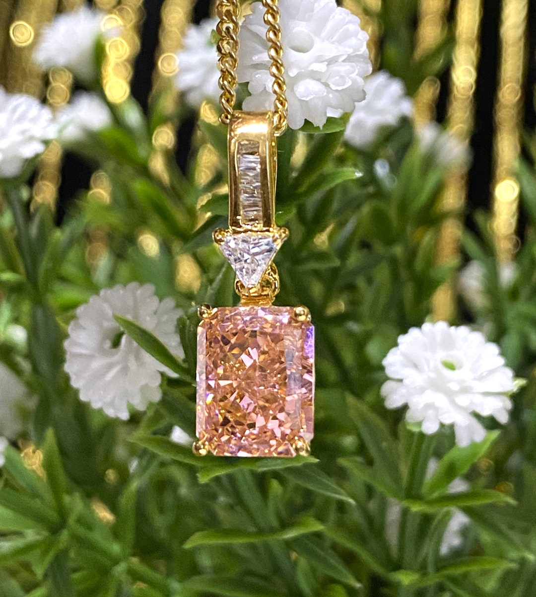 Vintage 15K 610 Solid Gold Pink Sapphire & White Topaz Rectangular ...