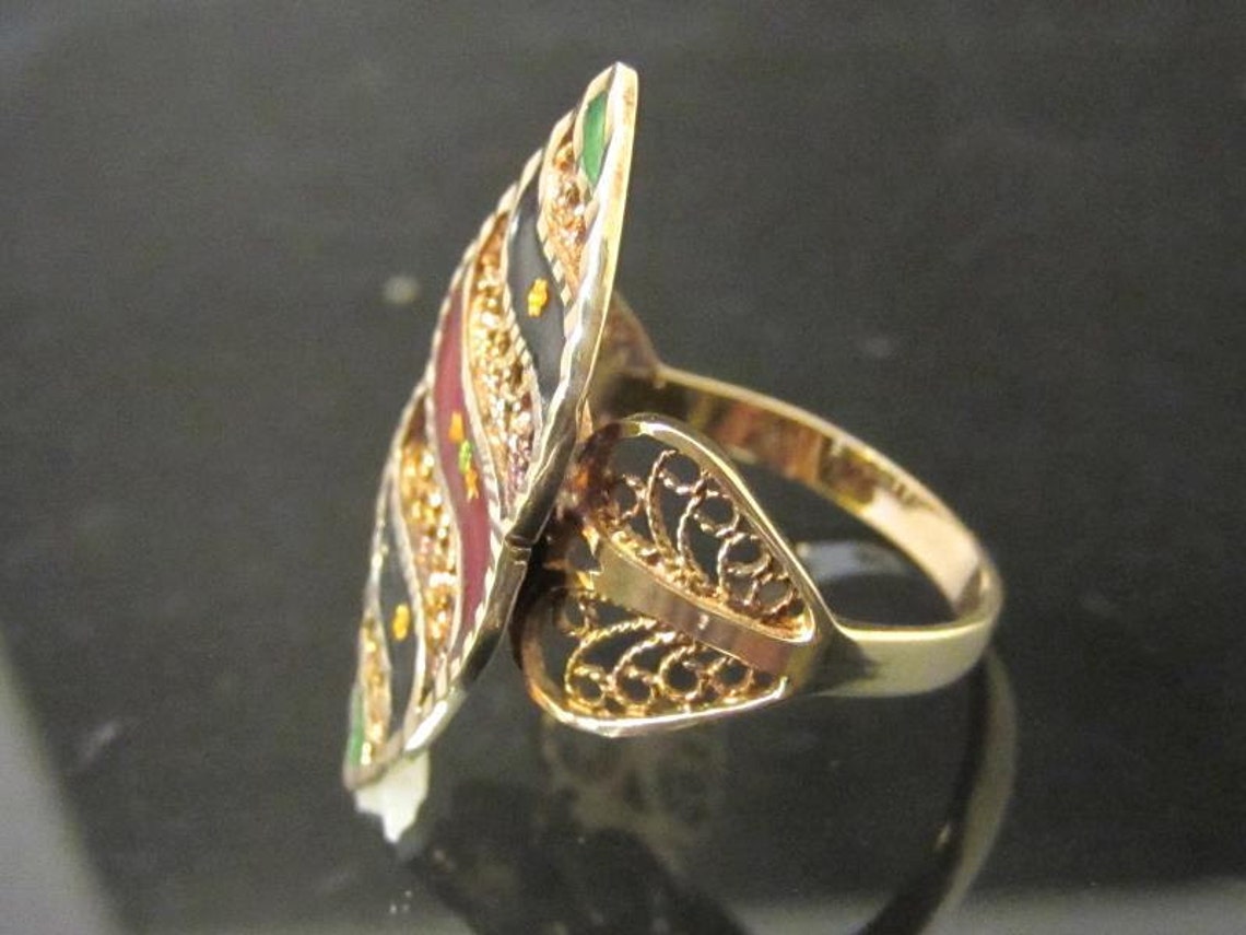 Vintage Turkey 10K Solid Yellow Gold Enamel Filigree Ring Size | Etsy