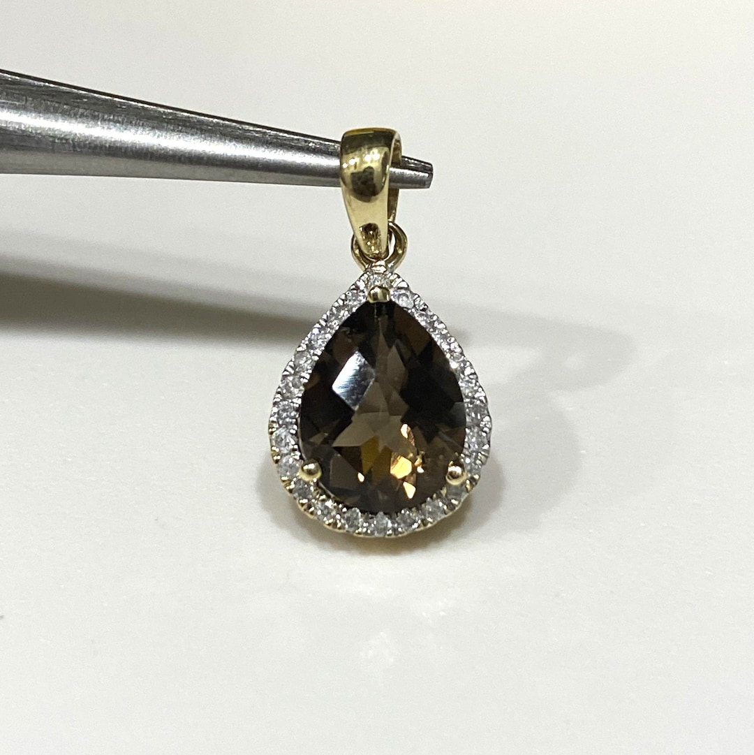 Vintage 14K Solid Yellow Gold Natural Smoky Topaz & Diamond Pendant. - Etsy